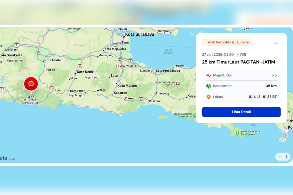 Gempa Magnitudo 5,5 Guncang Timur Laut Pacitan Pagi Ini - TIMES Indonesia